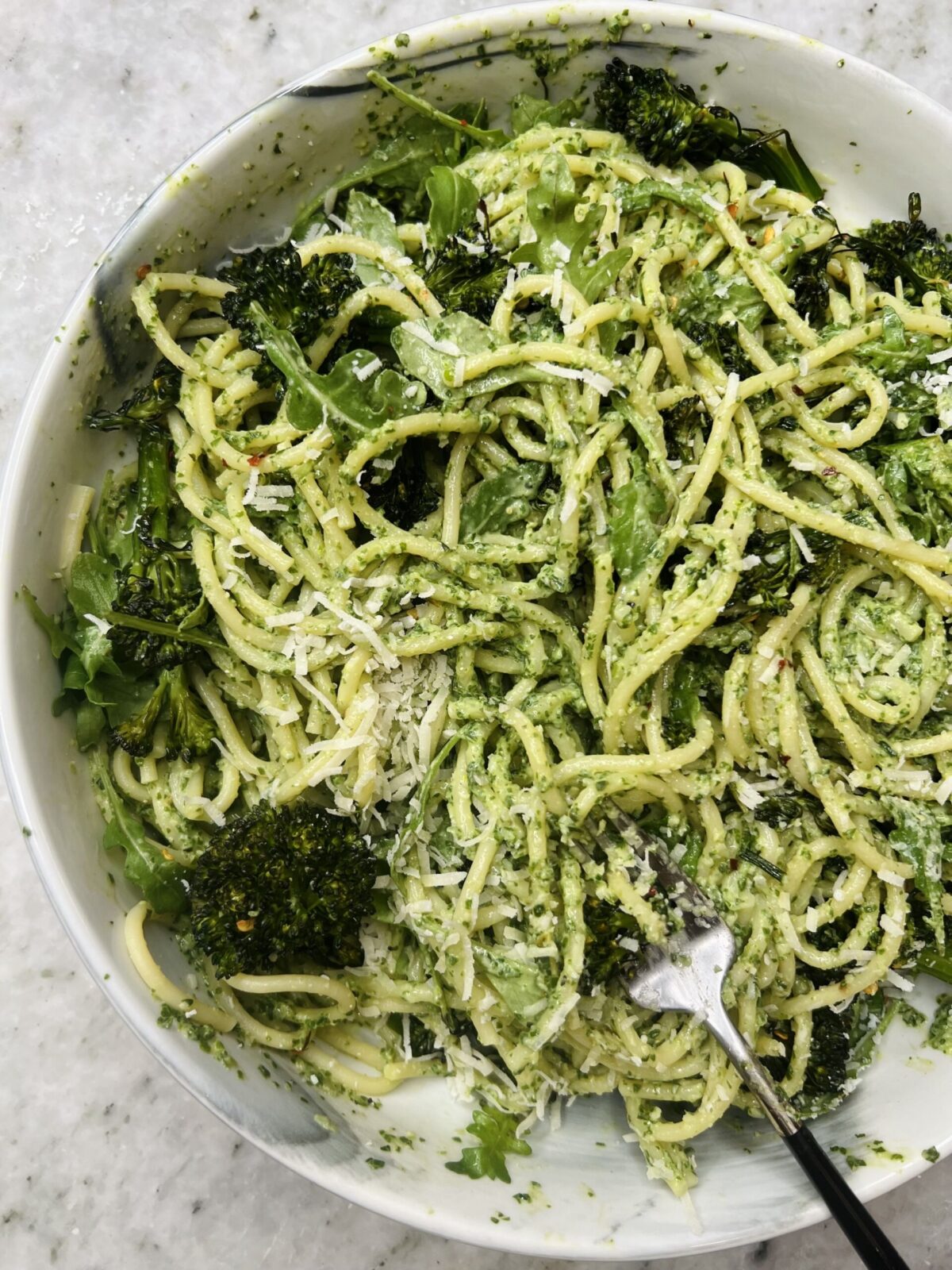 Spaghetti with Arugula Pesto + Spicy Broccoli - Natalie Mason